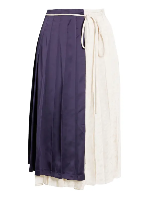 Marni Pleated Satin And Jacquard Midi Wrap Skirt - Navy