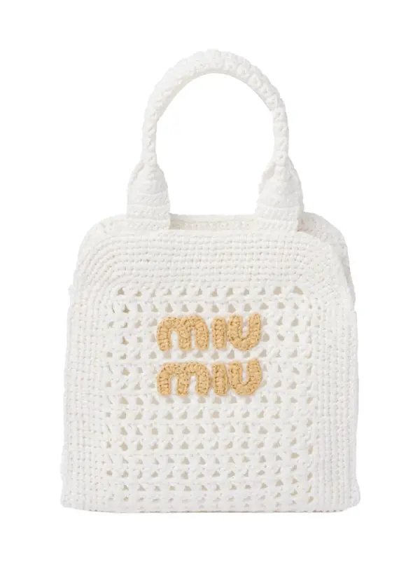 Miu Miu Crochet Raffia Tote Bag - White