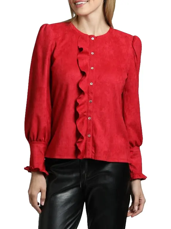 APNY Ruffle Faux Suede Button-up Shirt - Red