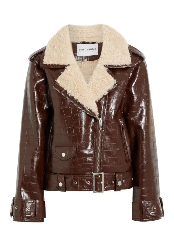 STAND STUDIO Johanna Croc-effect Teddy Fleece Biker Jacket - Chocolate