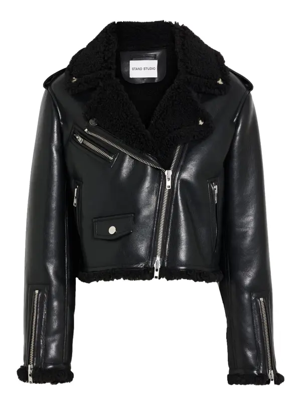 STAND STUDIO Lilia Cropped Teddy Fleece Biker Jacket - Black