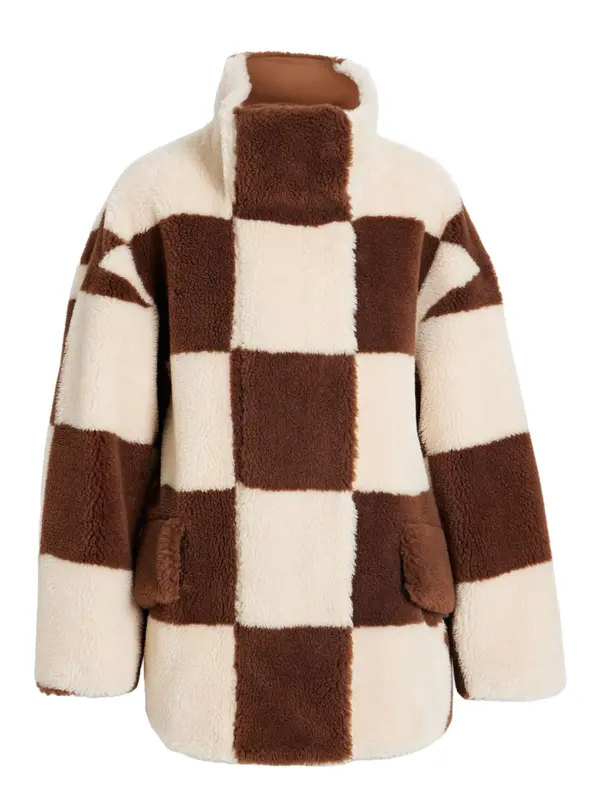 STAND STUDIO Dani Oversized Checked Faux Fur Jacket - Brown