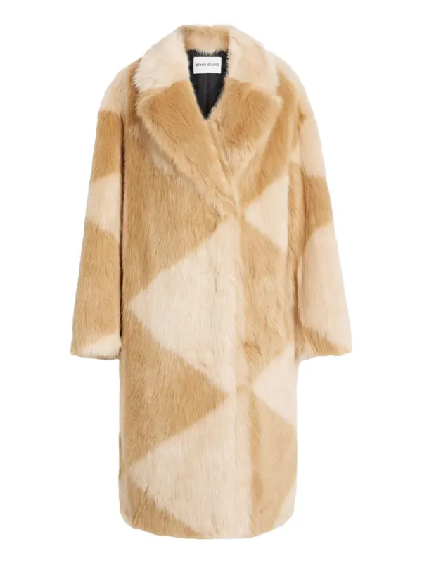 STAND STUDIO Genevieve Checked Faux Fur Coat - Beige