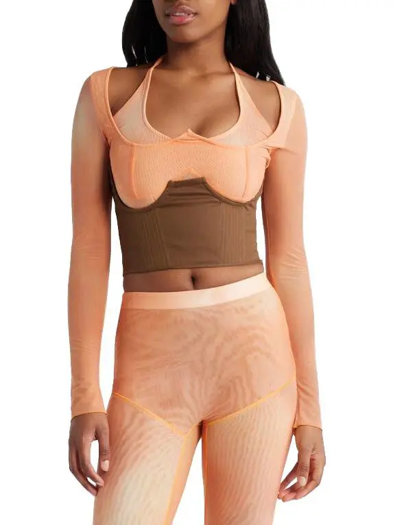 MISTRESS ROCKS Mesh Top And Lace-up Corset Set - Orange Ombre