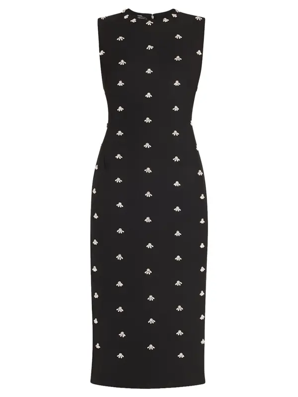 Oscar De La Renta Pearl Cabochon Wool Midi Dress - Black