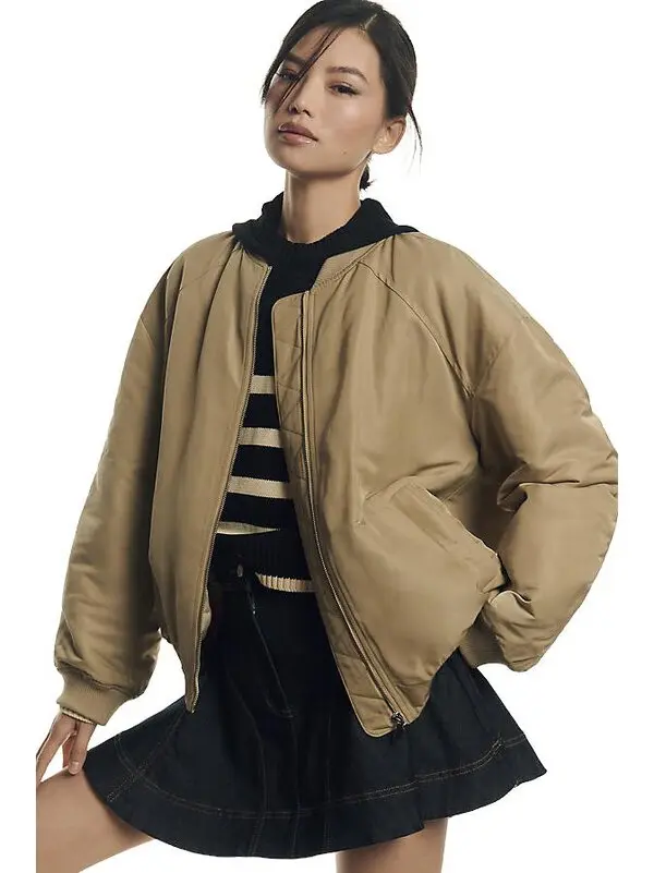 GREY LAB Ruched Bomber Jacket - Khaki