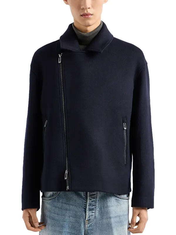 Emporio Armani Asymmetrical Wool Biker Jacket - Navy