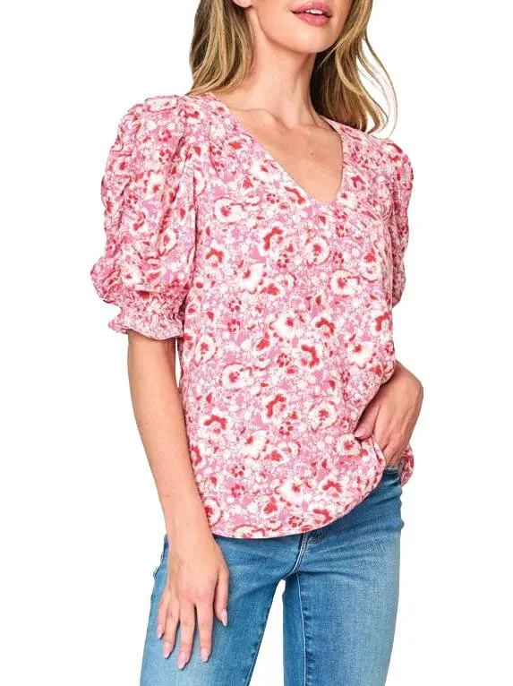 GIBSONLOOK Ruched Sleeve Top - Rose Bouquet Floral