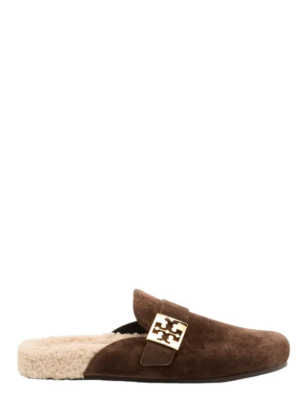 Tory Burch Mellow Suede Shearling Mules - Deep Espresso  Gold