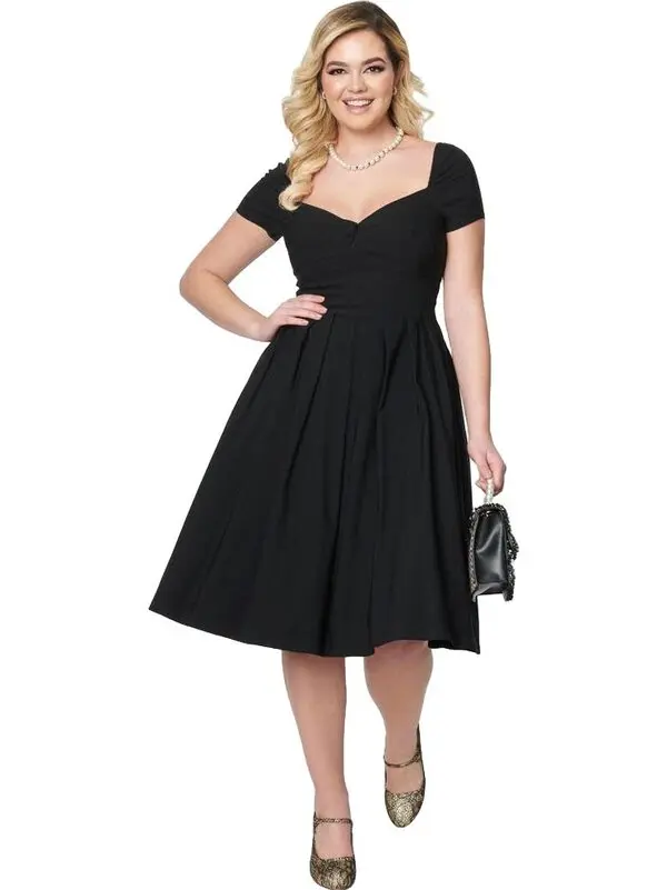 Unique Vintage Sweetheart Midge Swing Dress - Black