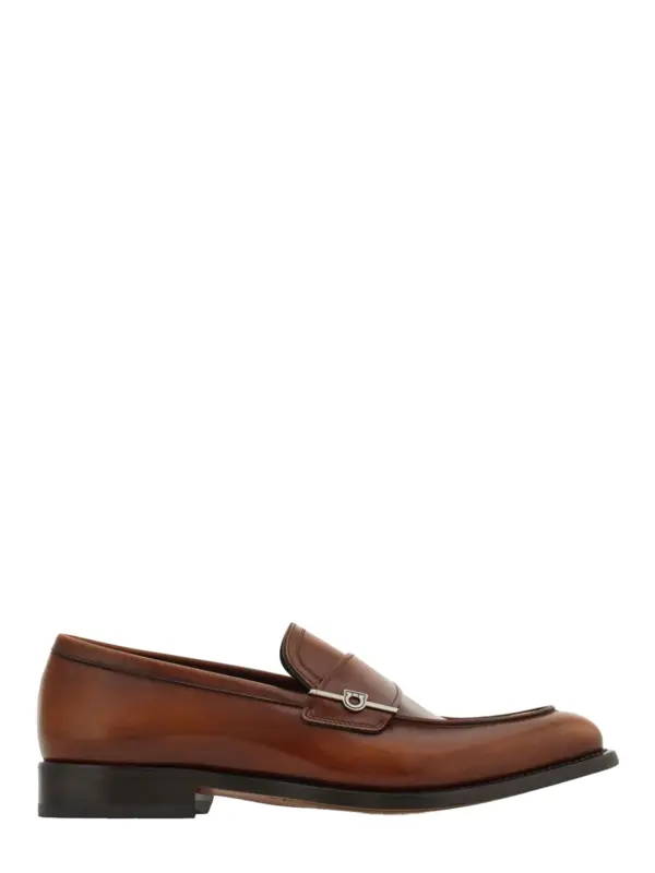 FERRAGAMO Gancini-plaque Leather Loafers - Brown