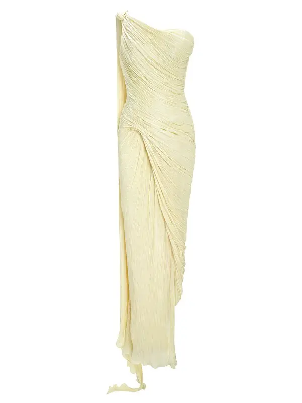 MARMAR HALIM Pleated Asymmetric Silk-chiffon Gown - Yellow