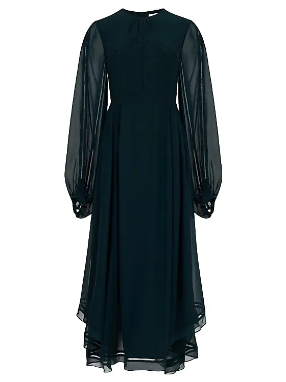 LEEM Ladder-stitch Balloon-sleeve Woven Maxi Dress - Green
