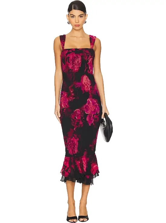Hemant & Nandita Smocked Midi Dress - Black Magenta