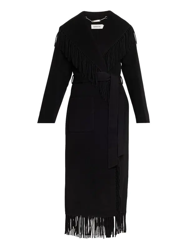 Simkhai Carrie Belted Fringe Robe Coat - Black