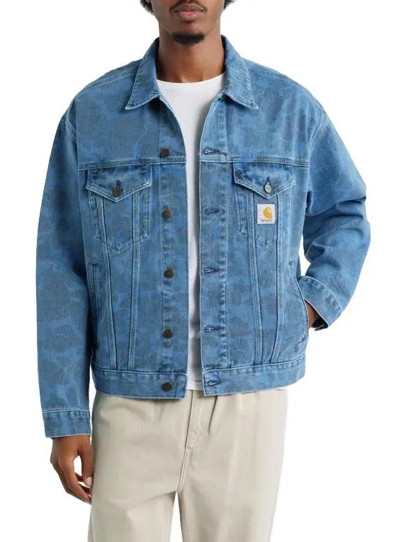 Carhartt Work In Progress Duck Camo Print Organic Cotton Denim Trucker Jacket - Camo Blue Bleached