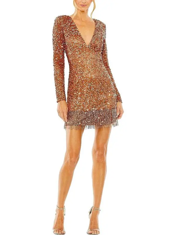 Mac Duggal V-neck Long Sleeve Sequin Dress With Fringe Detail - Copper