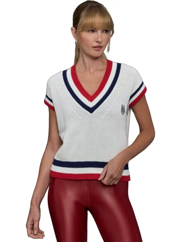 ELLSWORTH + IVEY Club38 Sleeveless Sweater - Ivory/navy/red