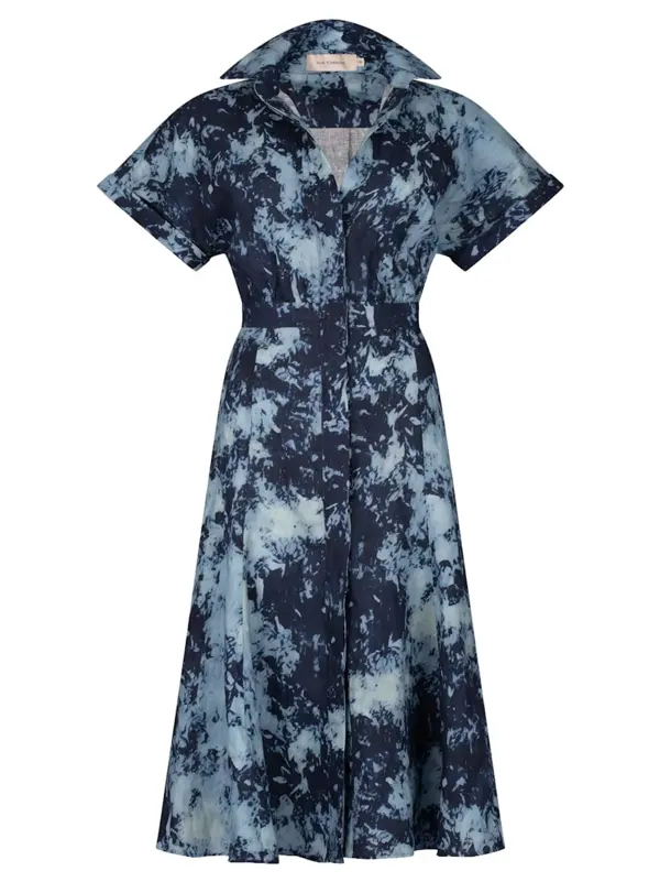 Silvia Tcherassi Noor Tie-dye Linen Midi Shirtdress - Indigo