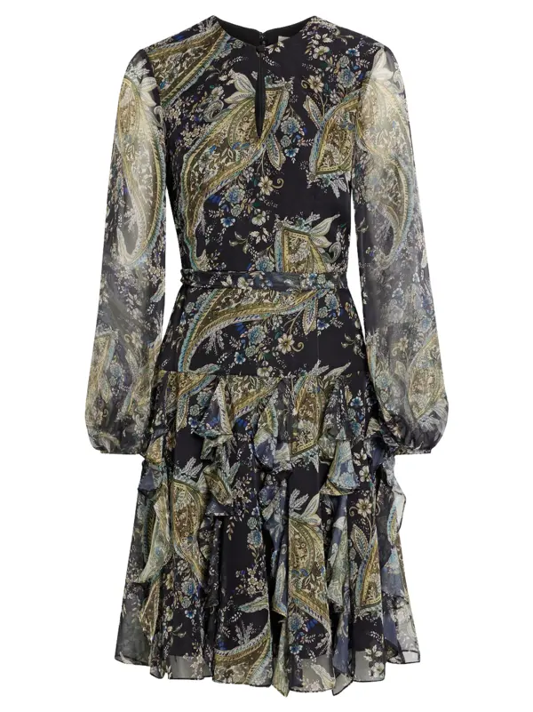 MIKAEL AGHAL Ruffled Printed Chiffon Dress - Black