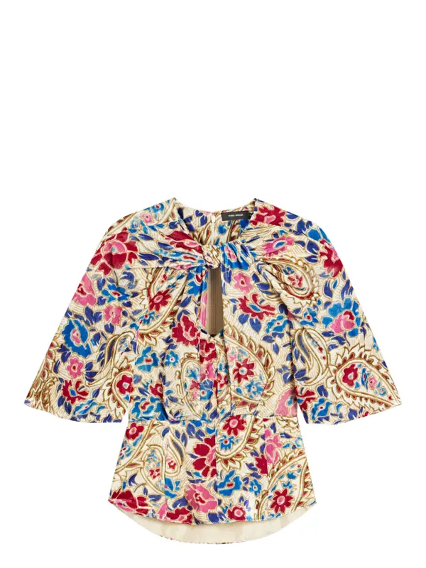 Isabel Marant Mucio Knotted Printed Velvet Peplum Top - Multicolor
