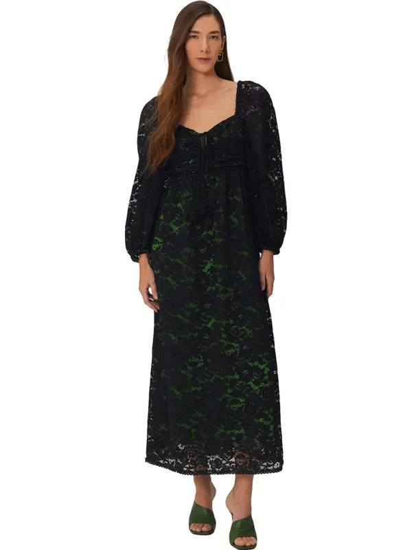 Farm Rio Lace Long Sleeve Midi Dress - Black