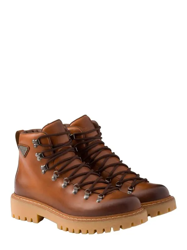 Prada Laced Leather Booties - Cognac