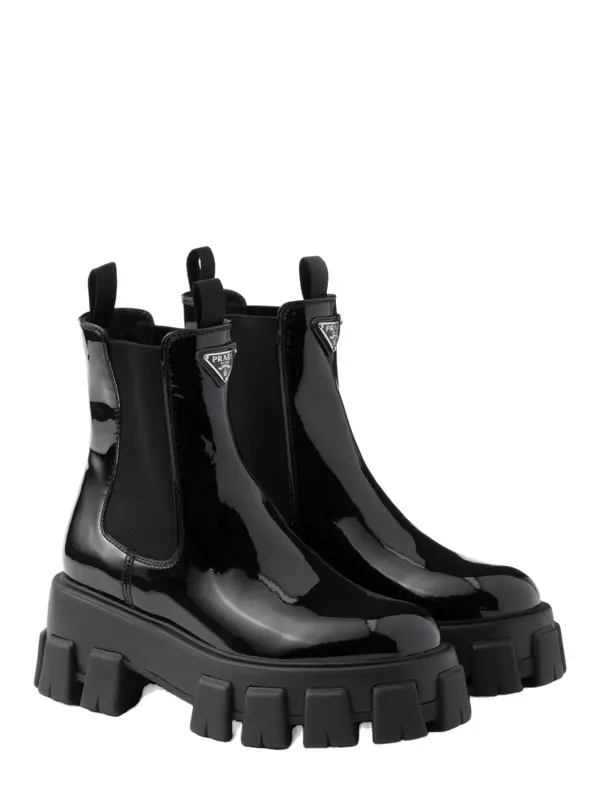 Prada Monolith Patent Leather Chelsea Booties - Black