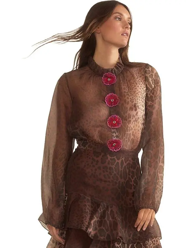 Cynthia Rowley Prim Leopard Print Silk Organza Blouse - Floral