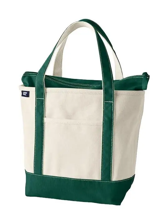 LANDS' END Zip Top Canvas Tote Bag - Natural/bright Spruce