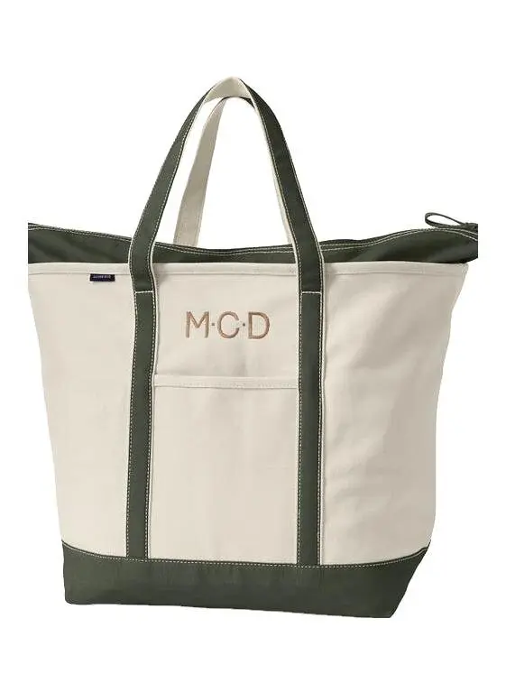 LANDS' END Zip Top Canvas Tote Bag - Natural/dark Olive Green