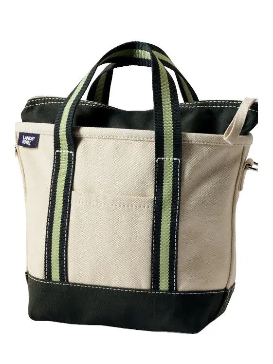 LANDS' END Zip Top Canvas Tote Bag - Natural/forest Lime Stripe