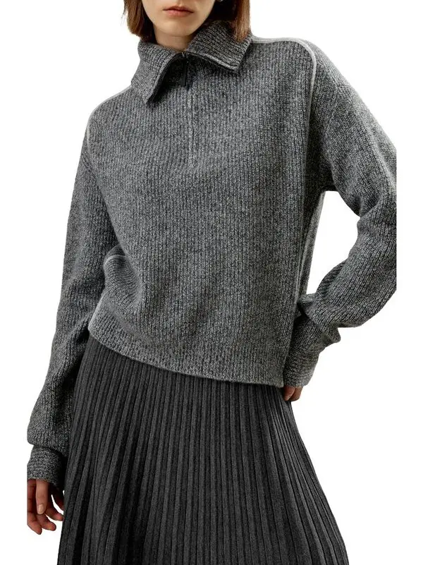 Lilysilk Cashmere Half Zip-up Ribbed Sweater - Mixed Gray