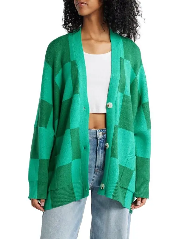 DRESSED IN LALA Checkerboard Oversize Cardigan - Green