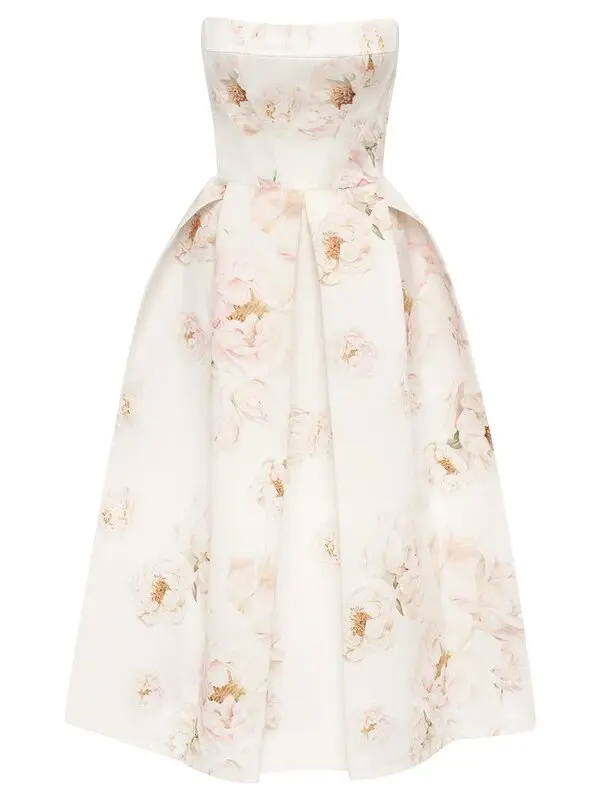 MILLA Strapless Floral Print Corset Midi Dress - Peony