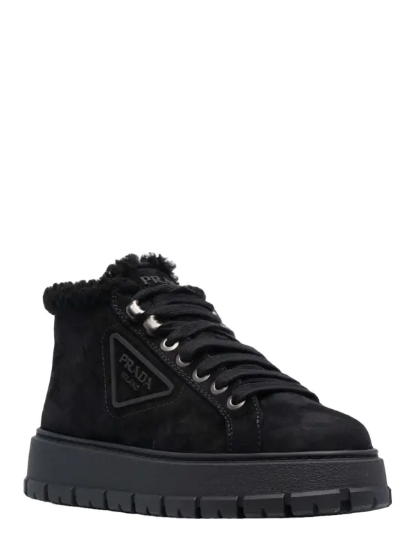 Prada Logo Plaque Shearling Ankle Boots - Black