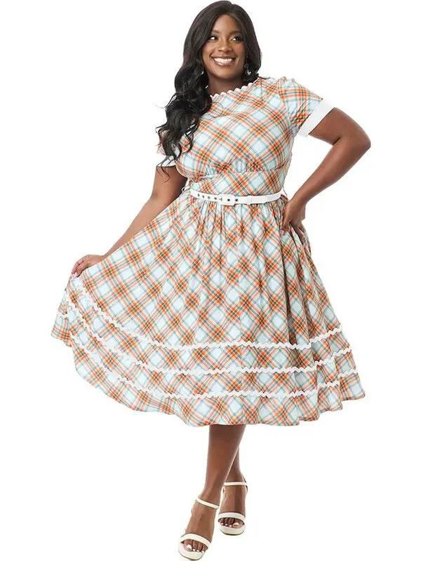 Unique Vintage Boatneck Swing Dress With Ricrac Detail - Rainbow Plaid