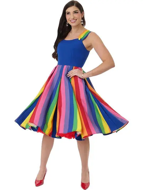 Unique Vintage Square Neck Sleeveless Godet Swing Dress - Blue Rainbow Stripes