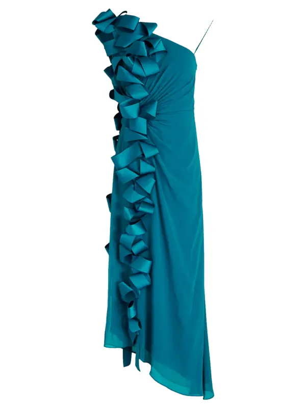 Badgley Mischka One-shoulder Bow-detailed Georgette Gown - Teal