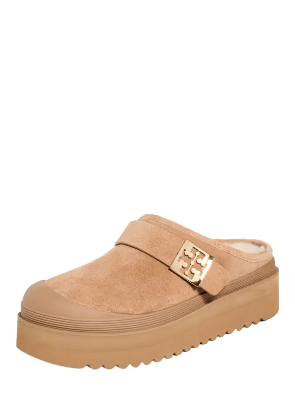 Tory Burch Shearling Platform Mules - Light Chestnut/gold