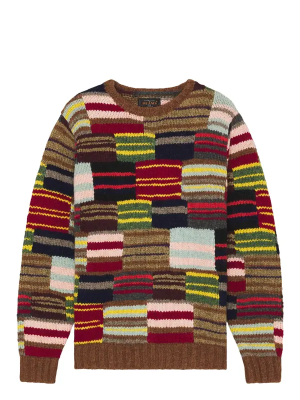 BEAMS Hand Knit Patchwork Sweater - Stripe