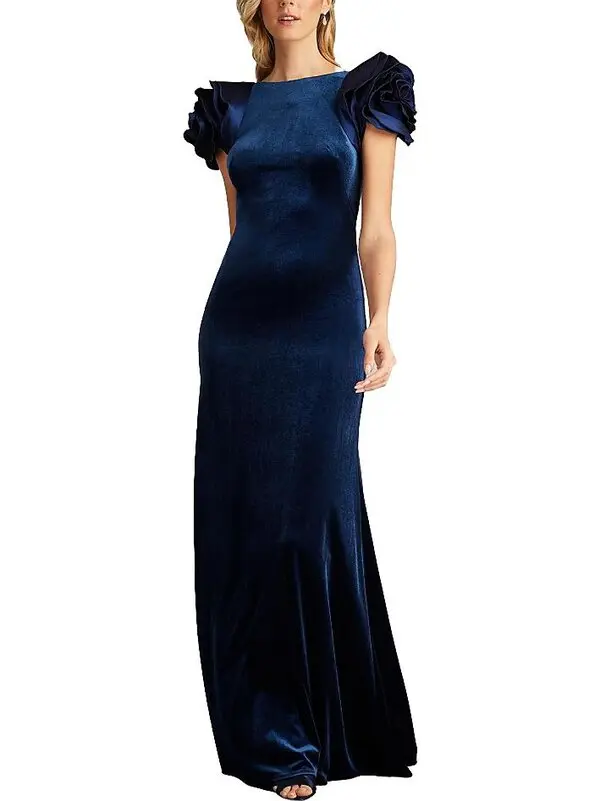 Tadashi Shoji Maylee Rosette Shoulder Velvet Gown - Navy