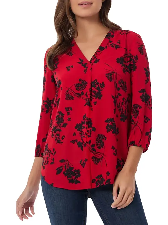 Jones New York Floral Pleat Front Top - Deep Rouge/jones Black