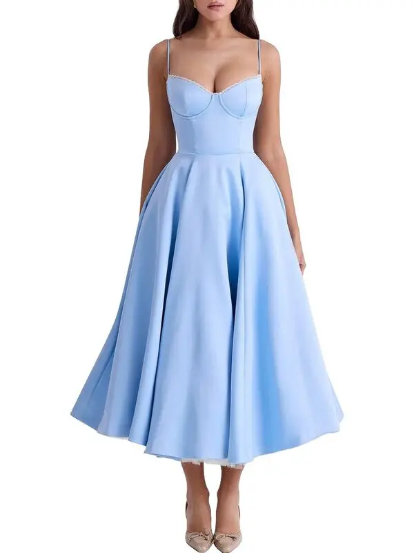 House Of Cb Mademoiselle Bustier Stretch Satin Midi Dress - Cinderella Blue