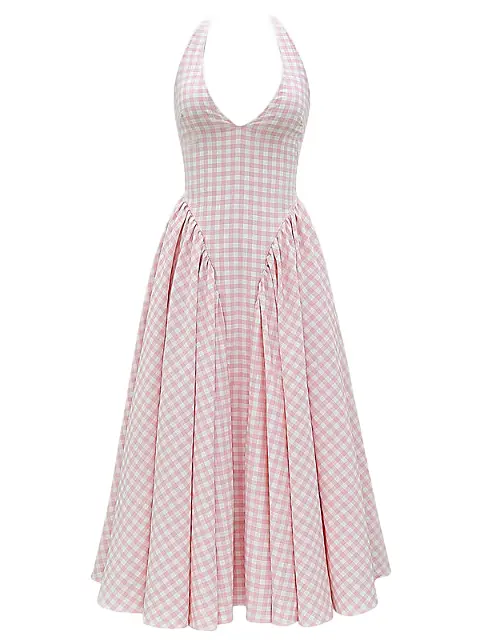 House Of Cb Gingham Stretch-woven Midi Dress - Strawberry Shortcake