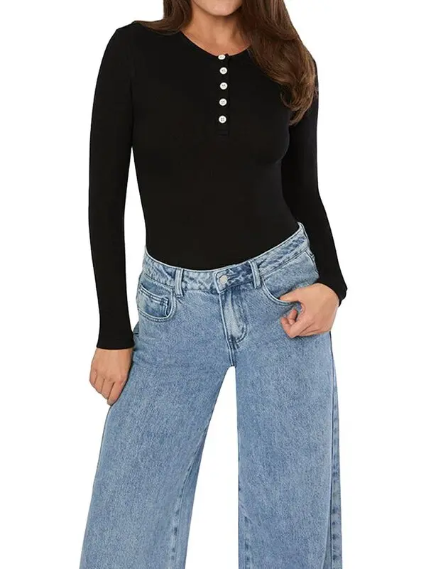 WeWoreWhat Crew Neck Henley Bodysuit - Black