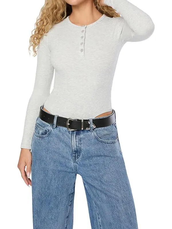 WeWoreWhat Crew Neck Henley Bodysuit - Heather Grey
