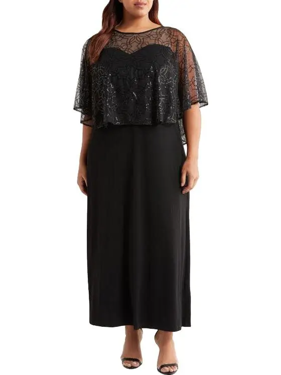 CONNECTED APPAREL Sequin Cape Gown - Black