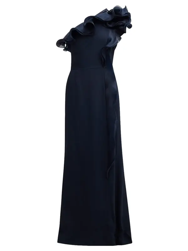Rickie Freeman For Teri Jon One-shoulder Ruffle Gown - Navy