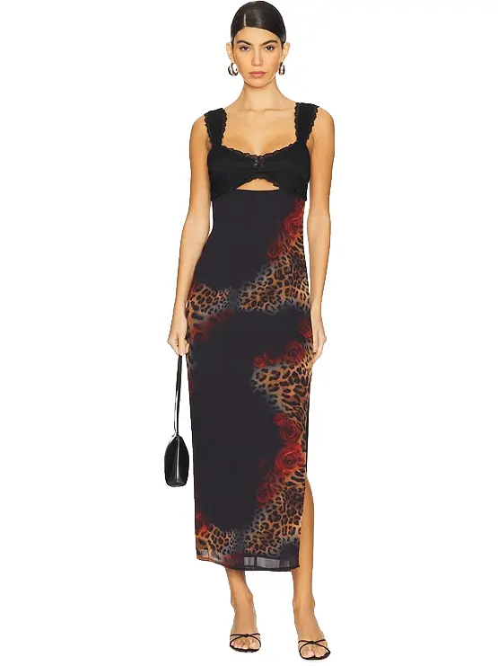RUNAWAY THE LABEL Dinah Midi Dress - Black Leopard